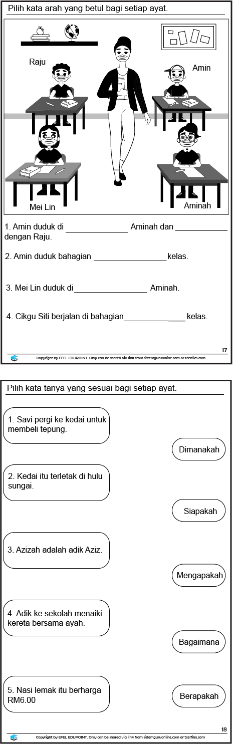 Latihan Bahasa Melayu Tahun 1= Unit: Keselamatan, Muka Surat 17&18 - Pendidikan Rasmi