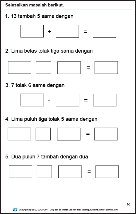 Latihan Matematik Tahun 1 = Unit: Operasi Asas, Muka Surat 15&16 ...