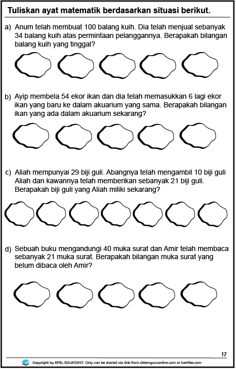Latihan Matematik Tahun 1= Unit: Operasi Asas, Muka Surat 17&18 ...