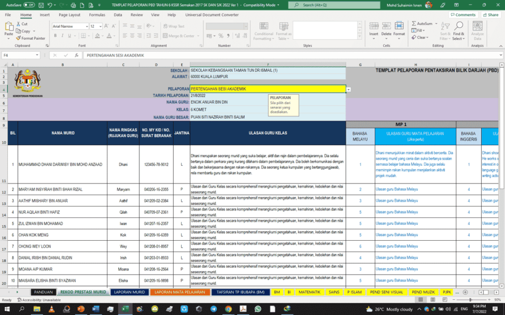 Templat Pelaporan PBD Tahun 6 KSSR Semakan - Pendidikan Rasmi