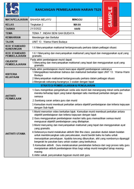 Download RPH 2022 Subjek Bahasa Melayu Tingkatan 2 - Pendidikan Rasmi
