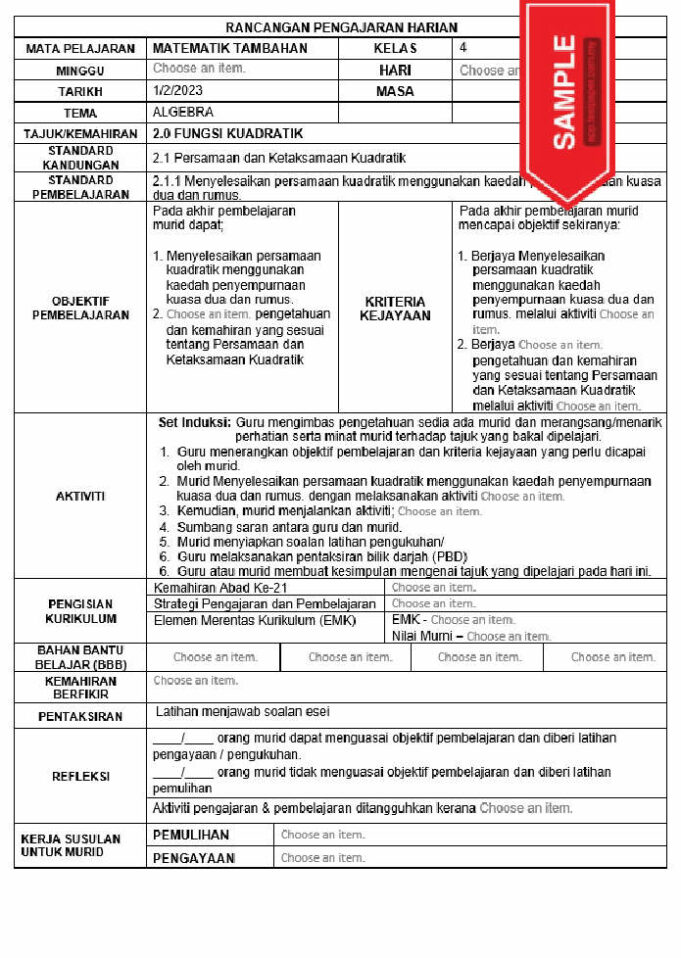 Muat Turun RPH Matematik Tambahan Tingkatan 4 PDF - Pendidikan Rasmi