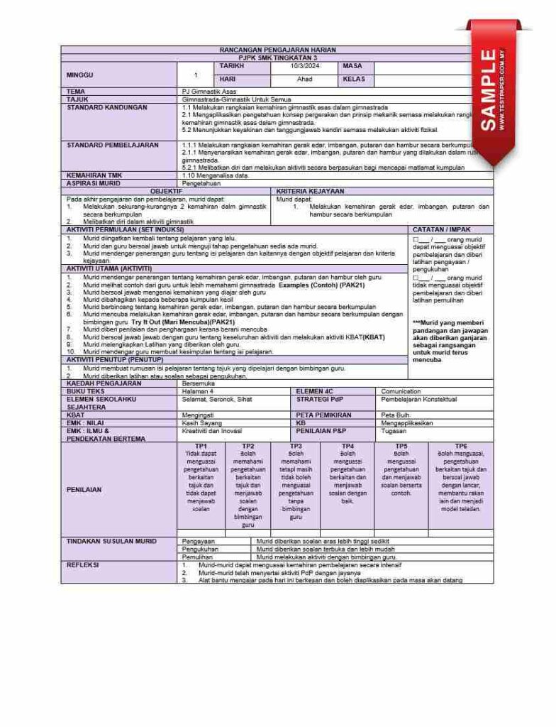 RPH Pendidikan Jasmani Kesihatan Tingkatan 3 - Pendidikan Rasmi