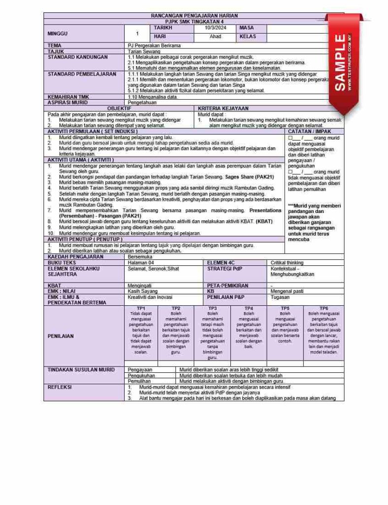Muat Turun PDF RPH Pendidikan Jasmani Kesihatan Tingkatan 4 Untuk Guru - Pendidikan Rasmi