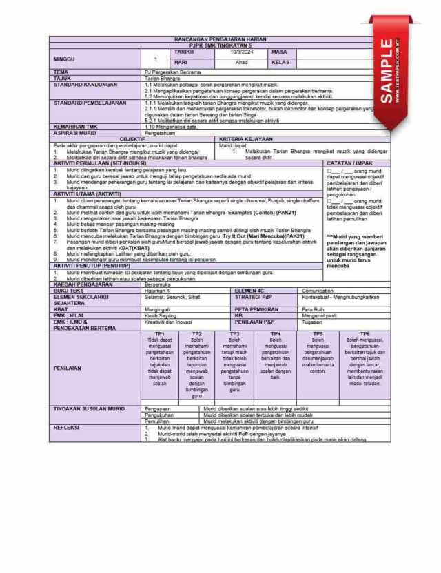 RPH Pendidikan Jasmani Kesihatan Tingkatan 5 - Pendidikan Rasmi