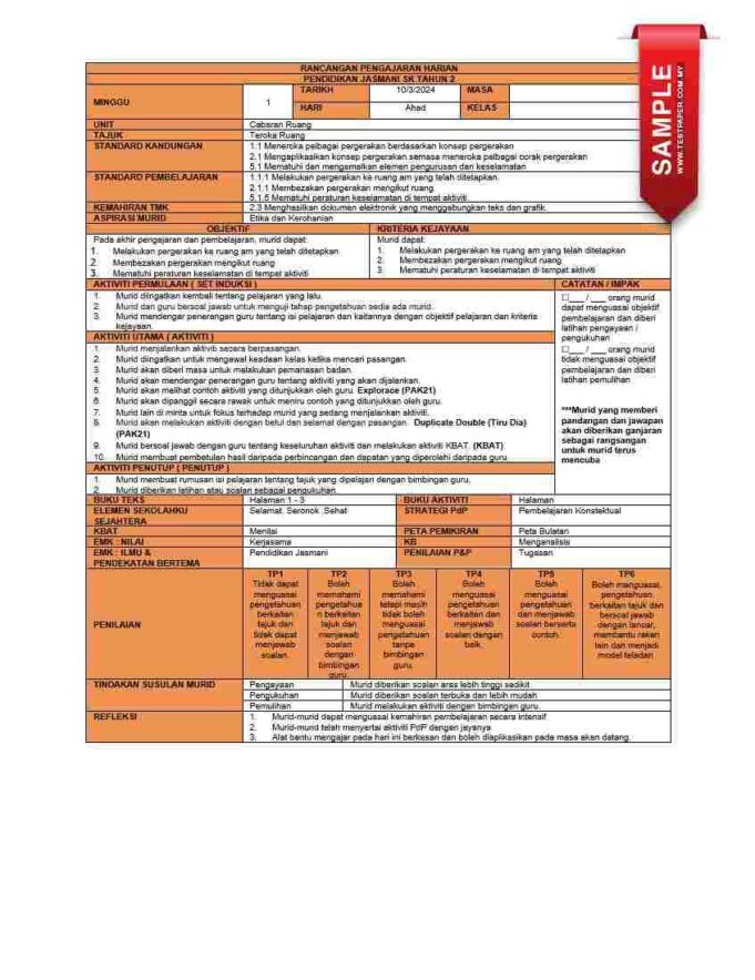 Full Bahan RPH Pendidikan Jasmani Tahun 2 Untuk Guru - Pendidikan Rasmi