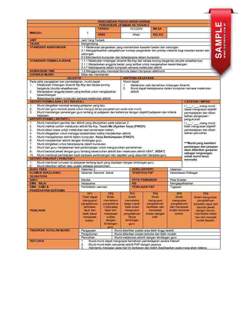 Bahan PDF RPH Pendidikan Jasmani Tahun 5 - Pendidikan Rasmi