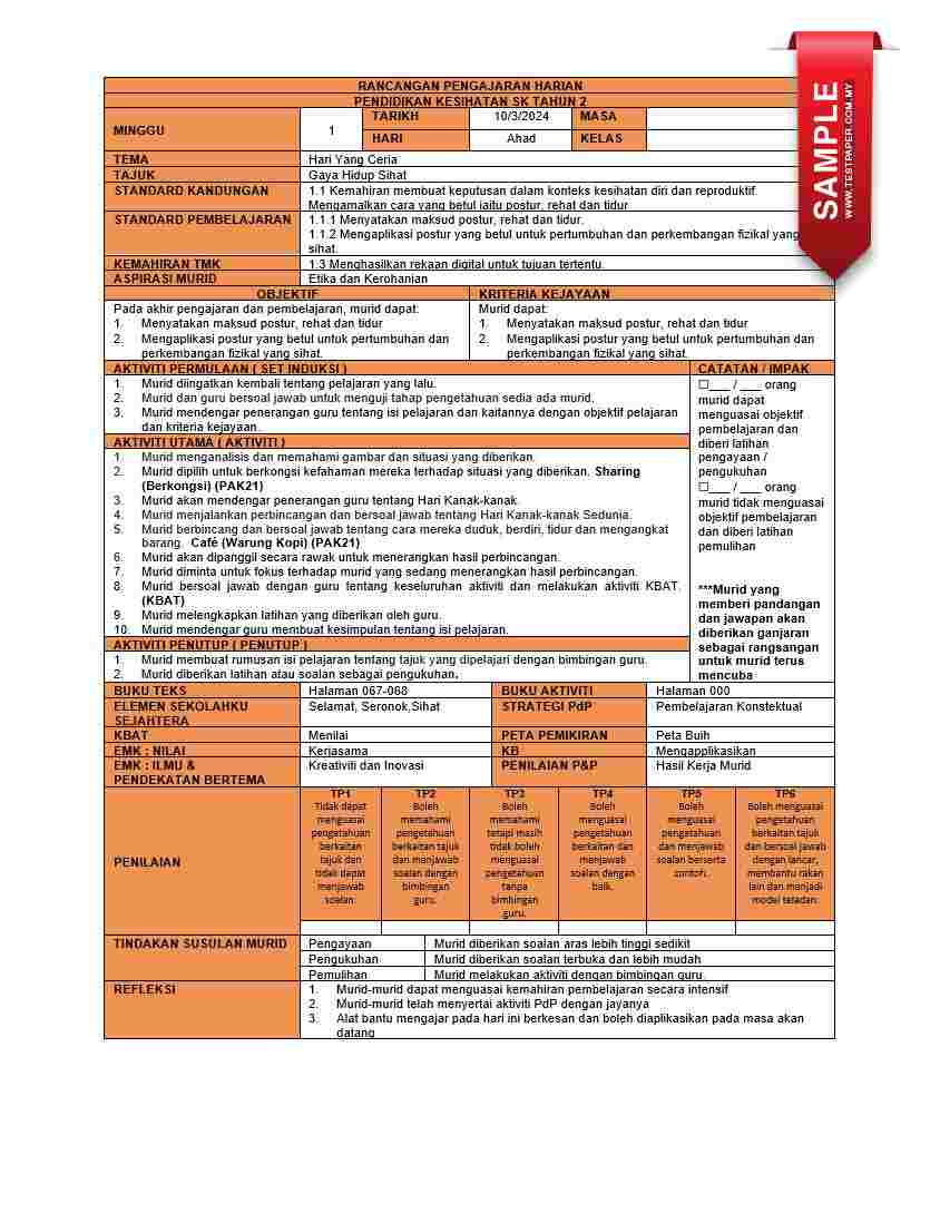 Muat Turun RPH Pendidikan Kesihatan Tahun 2 Bagi Guru - Pendidikan Rasmi