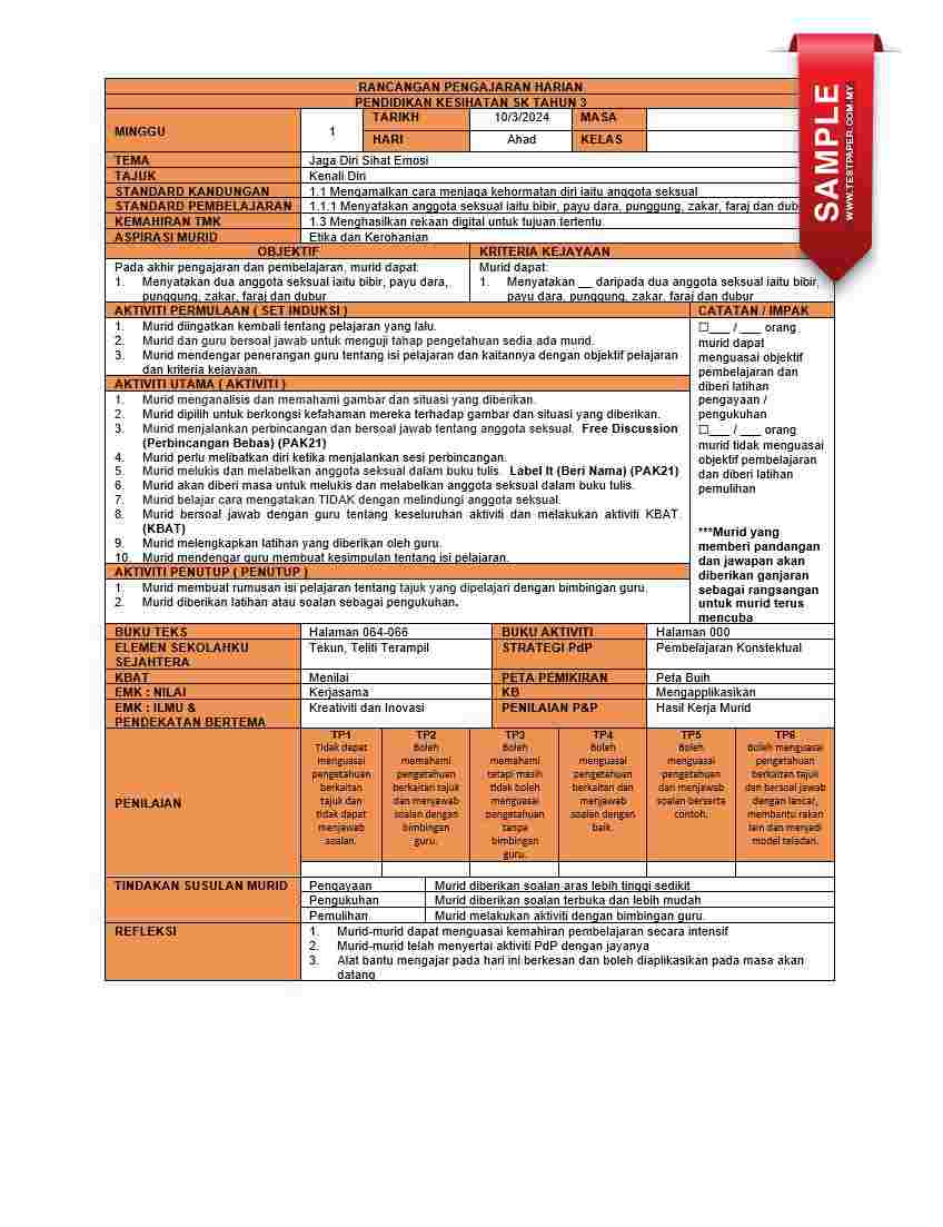 Dapatkan PDF RPH Pendidikan Kesihatan Tahun 3 - Pendidikan Rasmi