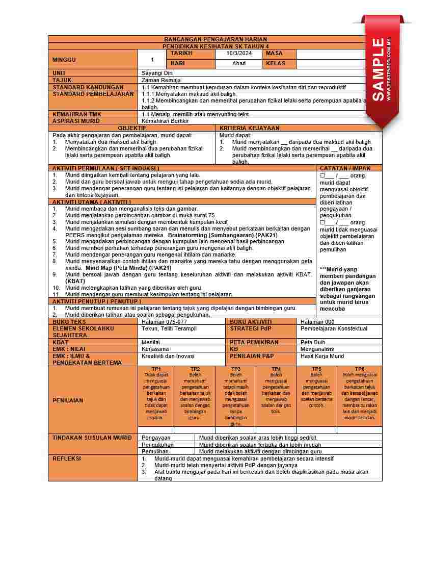 Download Bahan RPH Pendidikan Kesihatan Tahun 4 - Pendidikan Rasmi