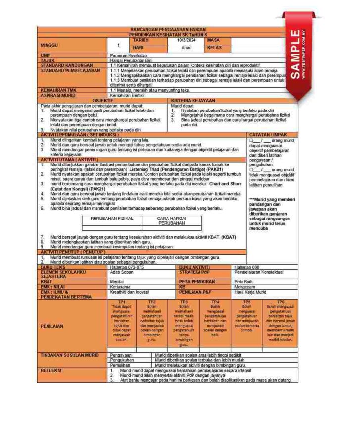 Dapatkan Bahan RPH Pendidikan Kesihatan Tahun 6 Bagi Guru - Pendidikan Rasmi