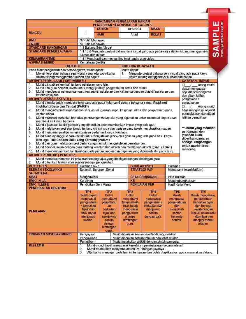 Dapatkan PDF RPH Pendidikan Seni Visual Tahun 5 Terbaru - Pendidikan Rasmi