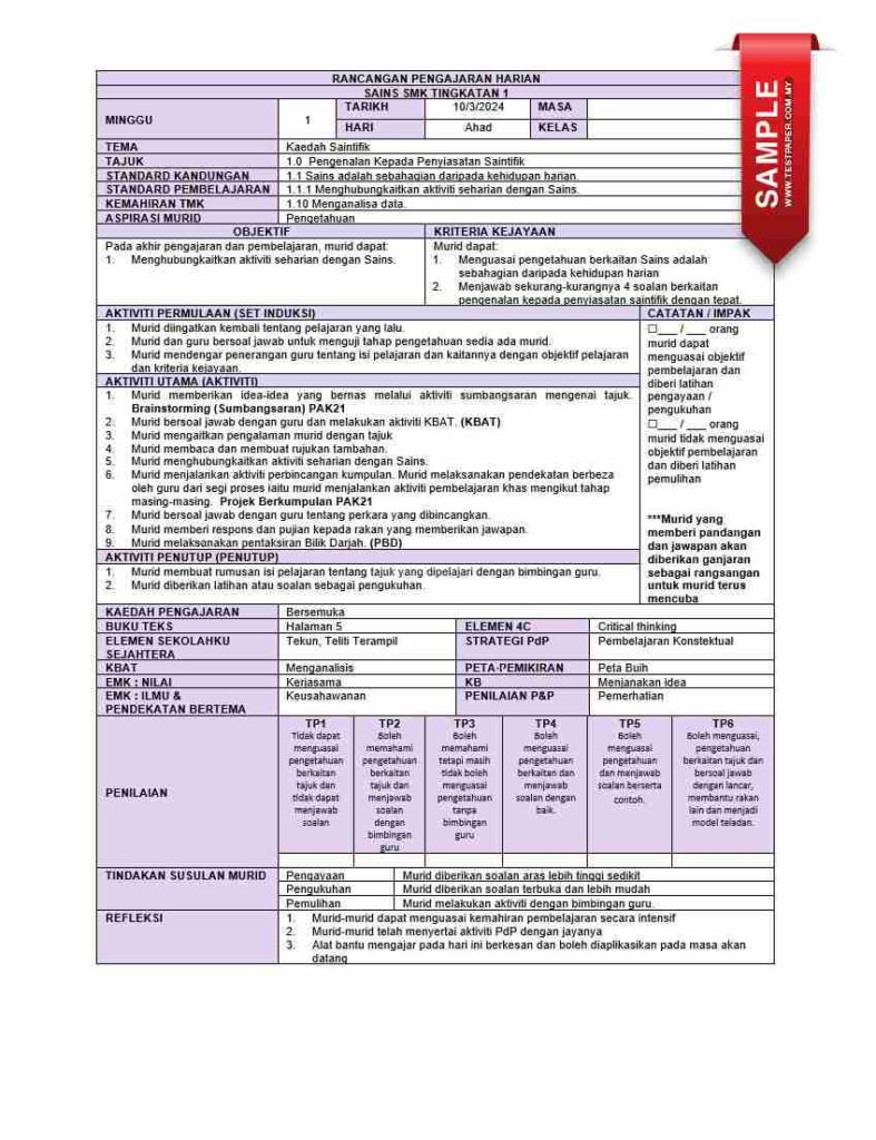 Download RPH Sains Tingkatan 1 PDF - Pendidikan Rasmi