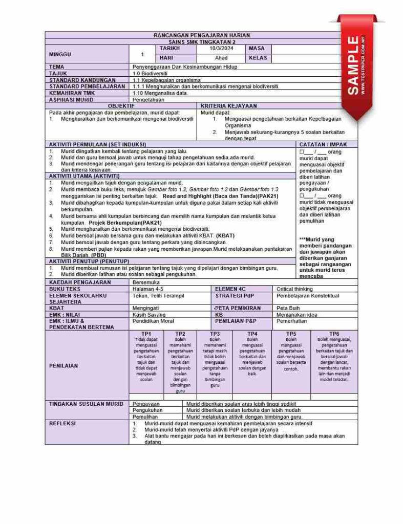 Bahan PDF RPH Sains Tingkatan 2 Terbaik - Pendidikan Rasmi