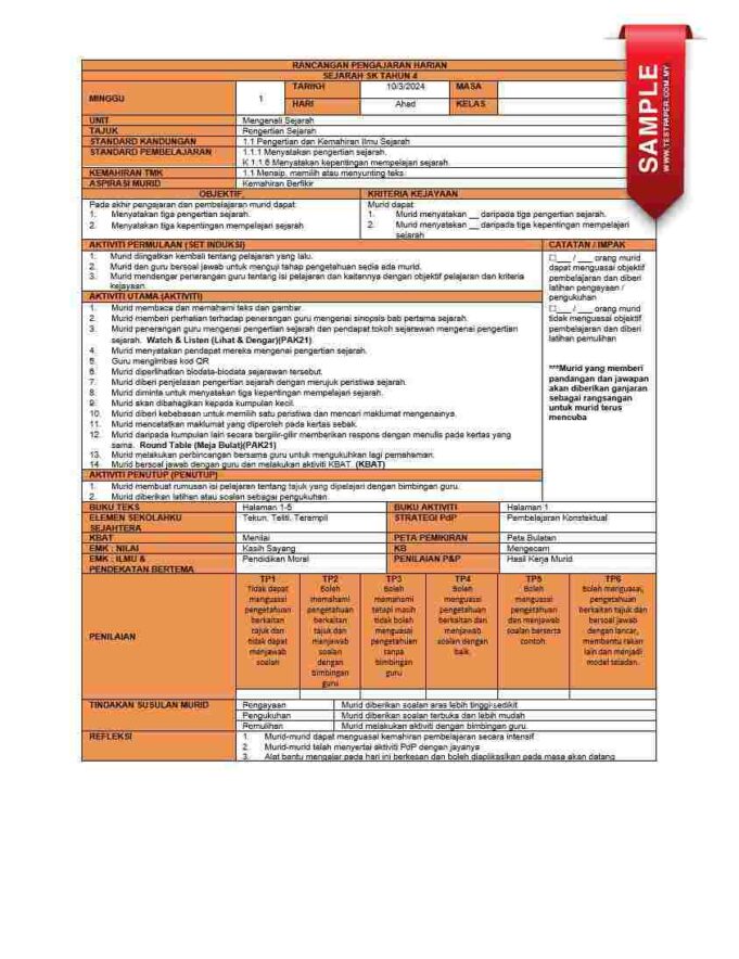 Download RPH Sejarah Tahun 4 PDF - Pendidikan Rasmi