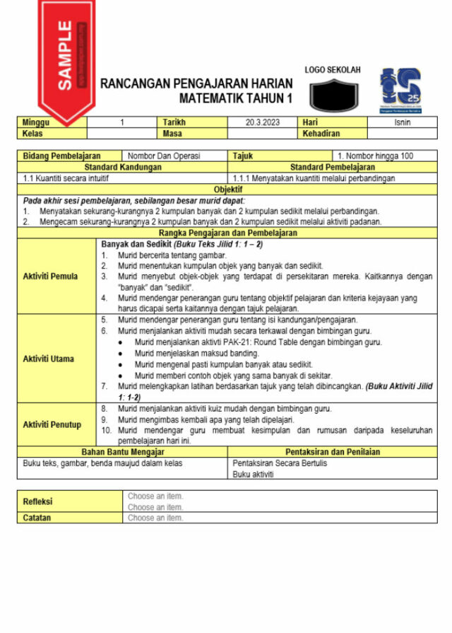 Download RPH Matematik Tahun 1 Di Link Berikut - Pendidikan Rasmi