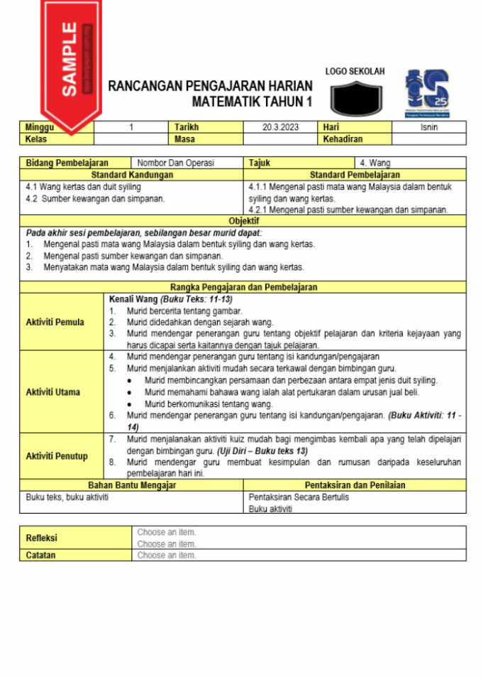 Download RPH Matematik Tahun 1 Di Link Berikut - Pendidikan Rasmi
