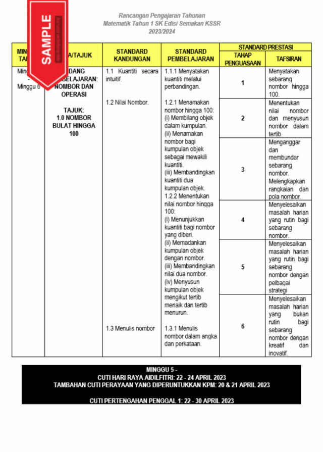 Download RPH Matematik Tahun 1 Di Link Berikut - Pendidikan Rasmi