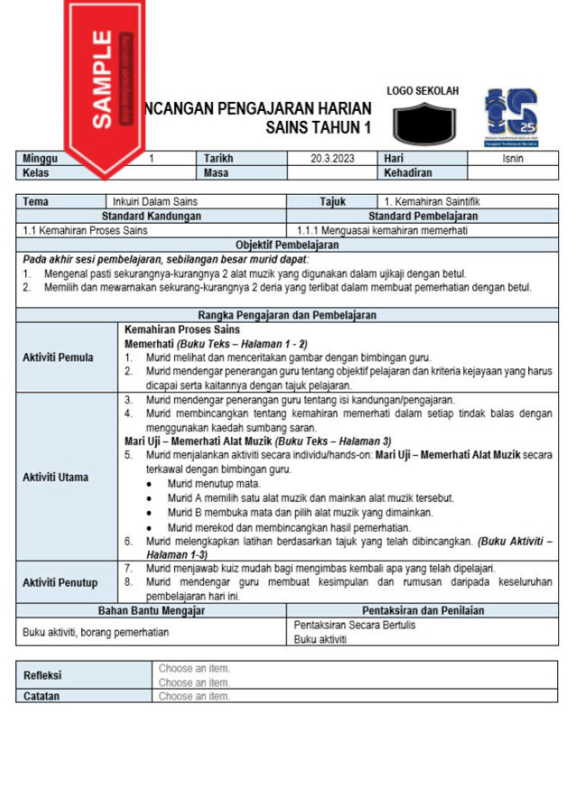 Download RPH Sains Tahun 1 Di Link Berikut - Pendidikan Rasmi