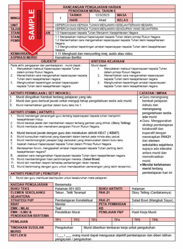 Full RPH Pendidikan Moral Tahun 6 Download Di Sini - Pendidikan Rasmi