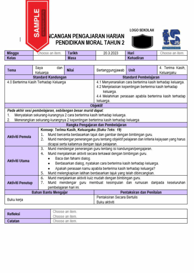 Perkongsian RPH Pendidikan Moral Tahun 2 Untuk Setahun - Pendidikan Rasmi