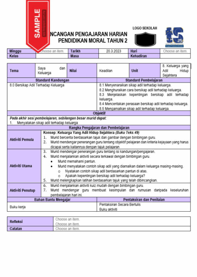 Perkongsian RPH Pendidikan Moral Tahun 2 Untuk Setahun - Pendidikan Rasmi