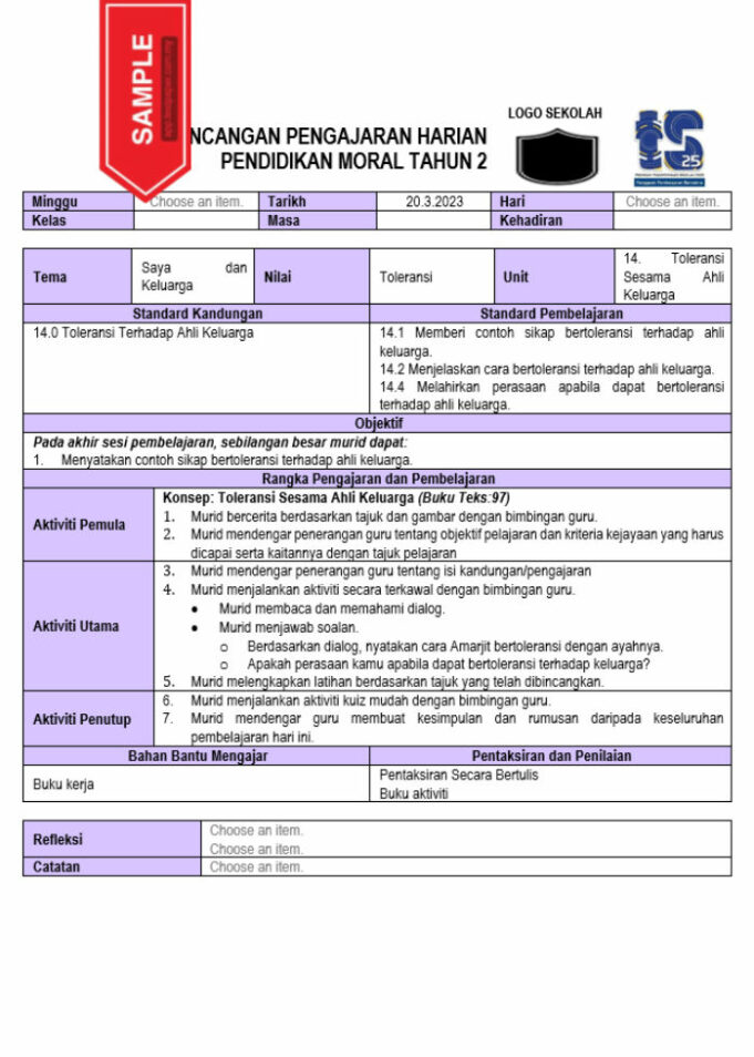 Perkongsian RPH Pendidikan Moral Tahun 2 Untuk Setahun - Pendidikan Rasmi