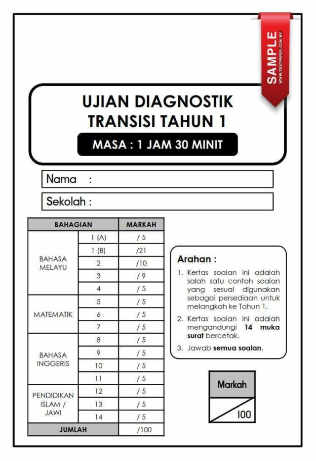 Soalan Ujian Diagnostik Transisi Tahun 1 Lengkap Skema Jawapan - Pendidikan Rasmi