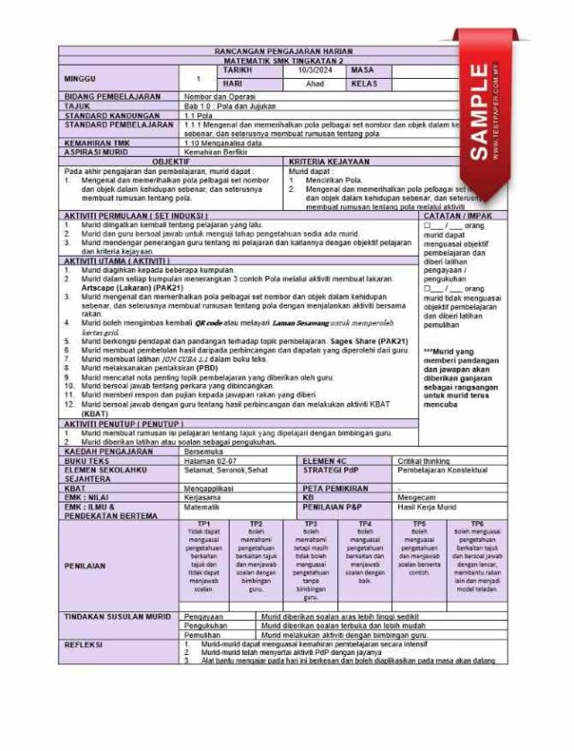 Dapatkan Full RPH Matematik Tingkatan 2 PDF - Pendidikan Rasmi