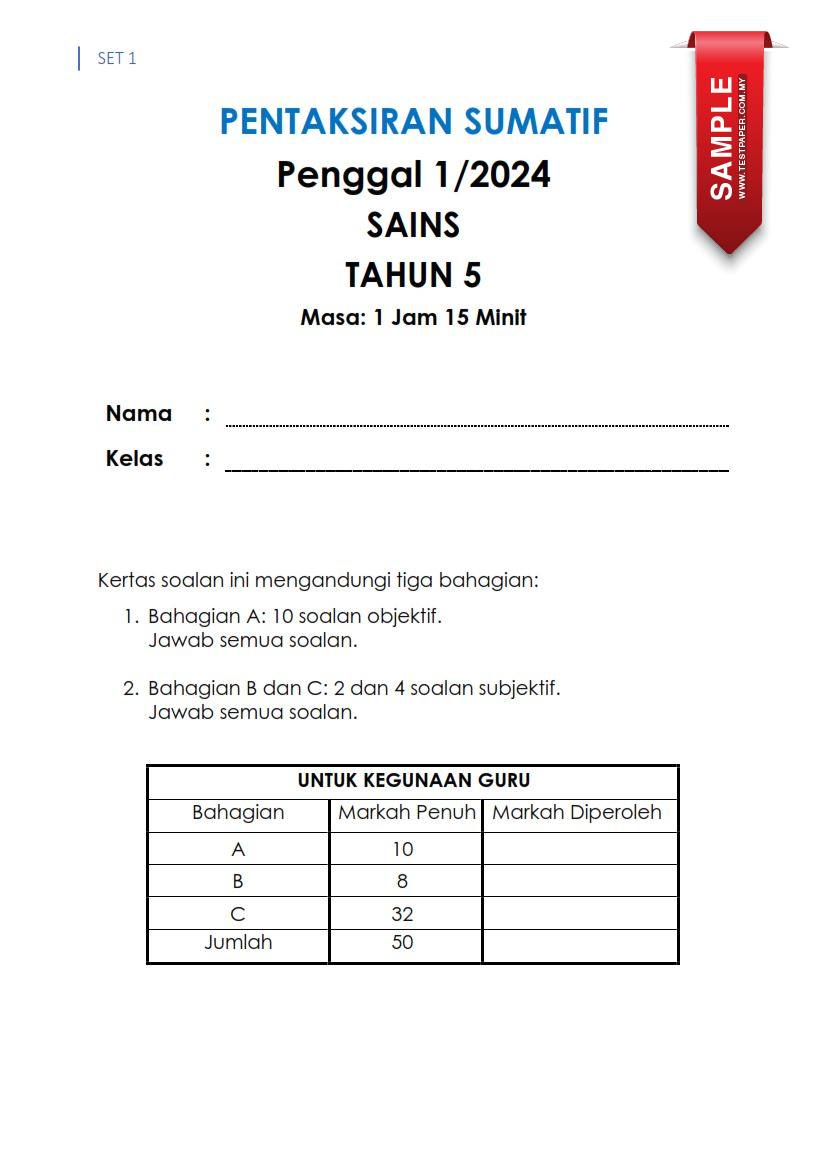 Download Contoh Soalan Ujian Sumatif Sains Tahun 5 Penggal 1 - Pendidikan Rasmi