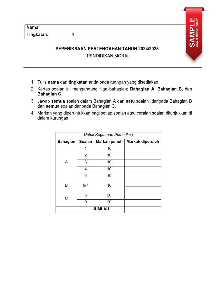 Download Kertas Ujian Pertengahan Tahun Pendidikan Moral Tingkatan 4 ...