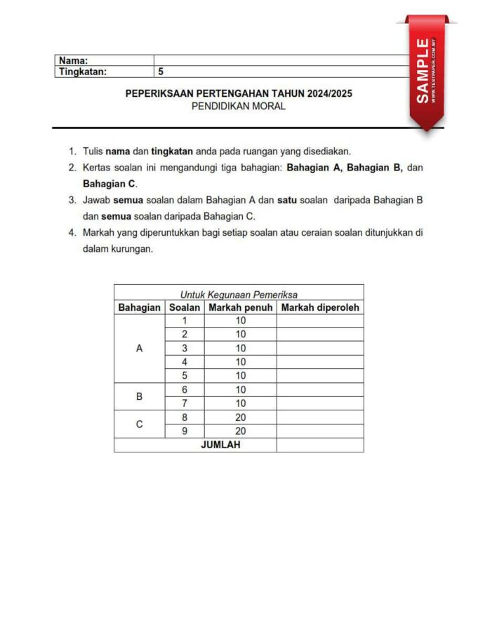 Download Kertas Ujian Pertengahan Tahun Pendidikan Moral Tingkatan 5 PDF Sekolah Menengah ...